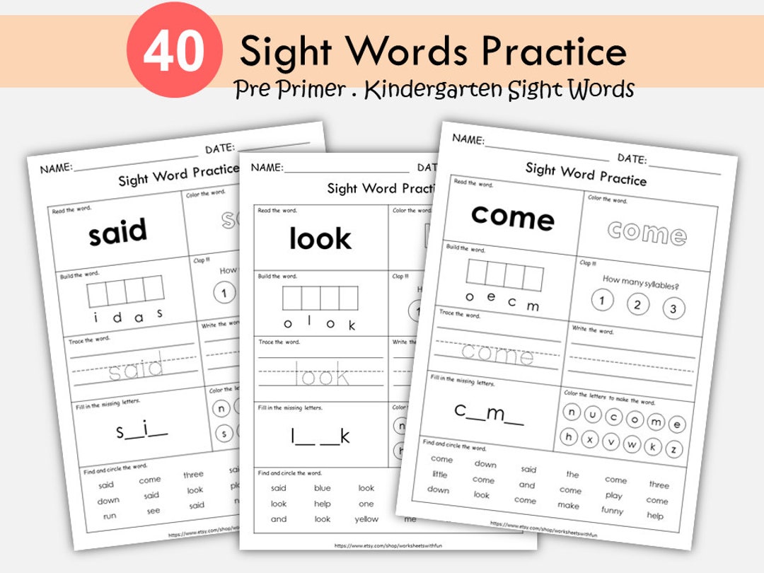 Sight Words Worksheets for Kindergarten, Learn Prek Sight Words, Sight ...
