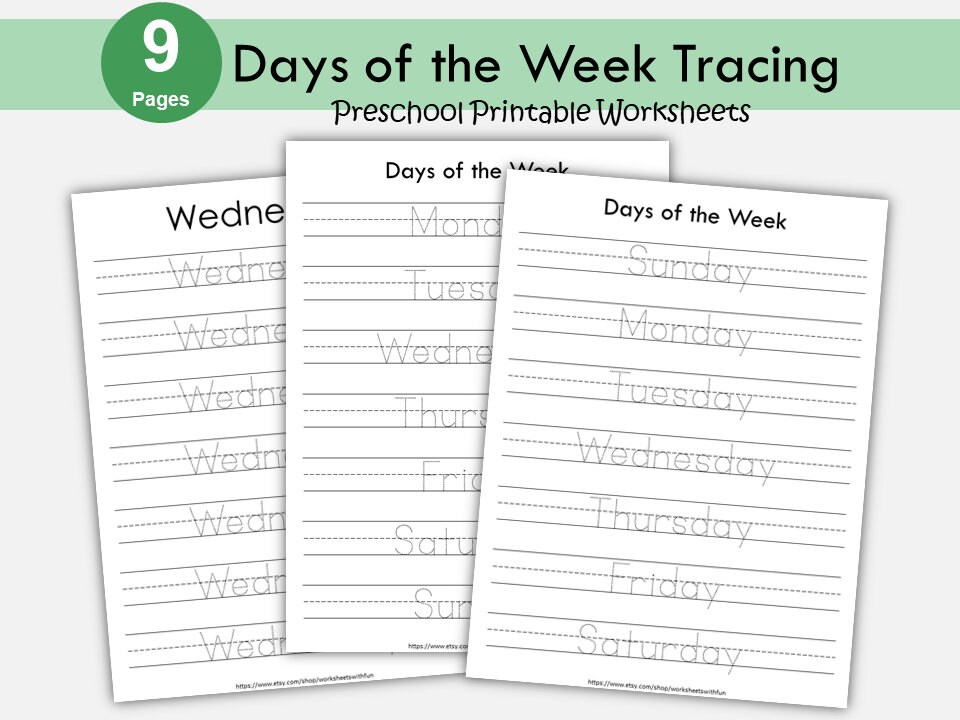 Days of the Week Tracing Worksheets: Preschool Printable (PDF) - Etsy