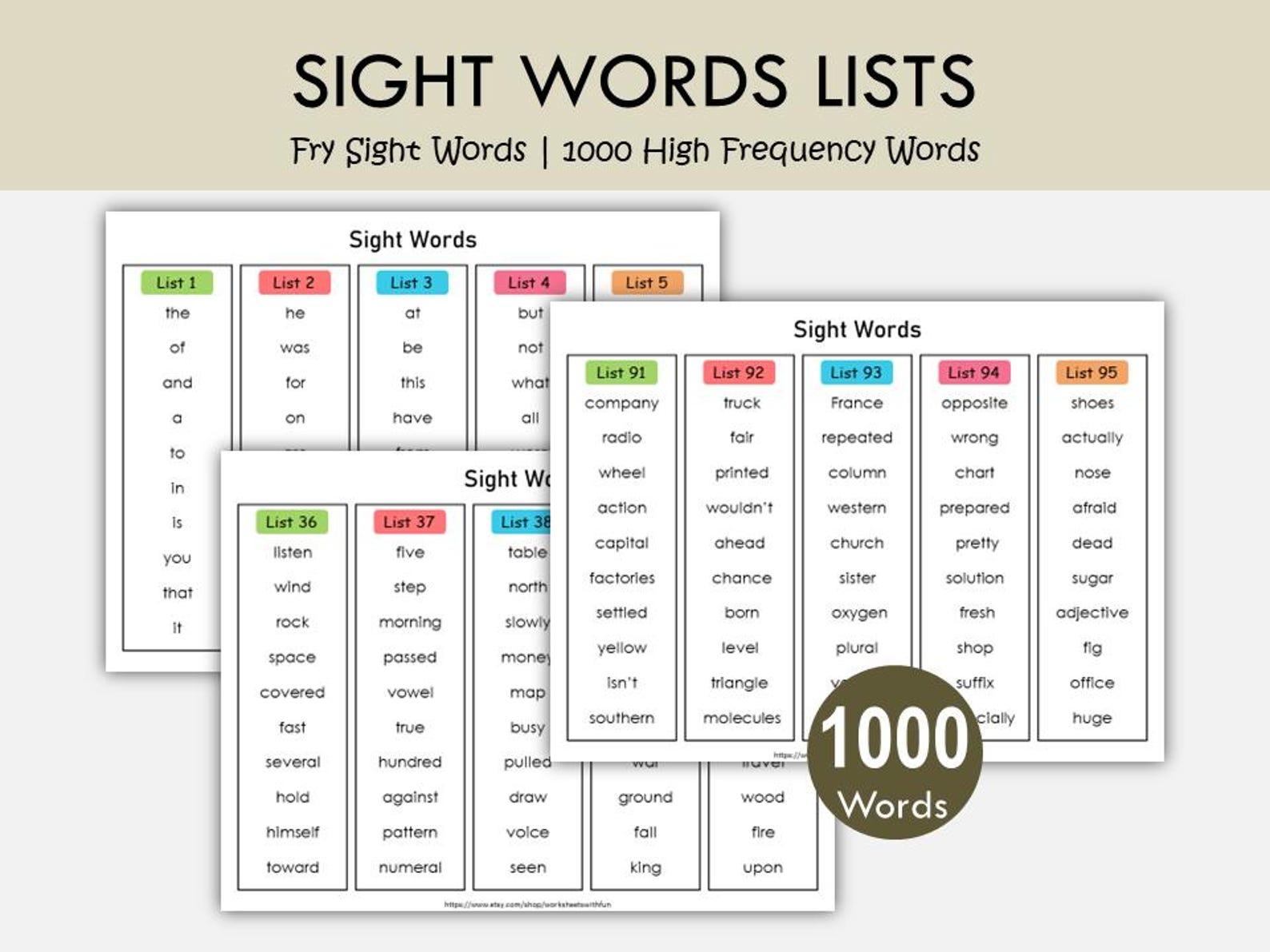 Fry Sight Words Printable | 1000 High Frequency Word Lists | Reading ...
