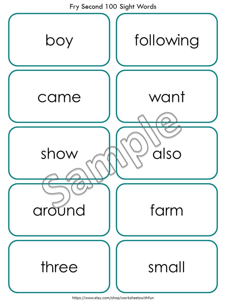 Fry Second 100 Sight Word Flashcards Printable PDF, Sight Words 101-200 ...