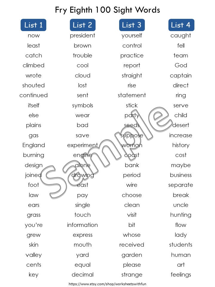 Fry 8th 100 Sight Words Flashcards Printable | 701–800 High Frequency ...