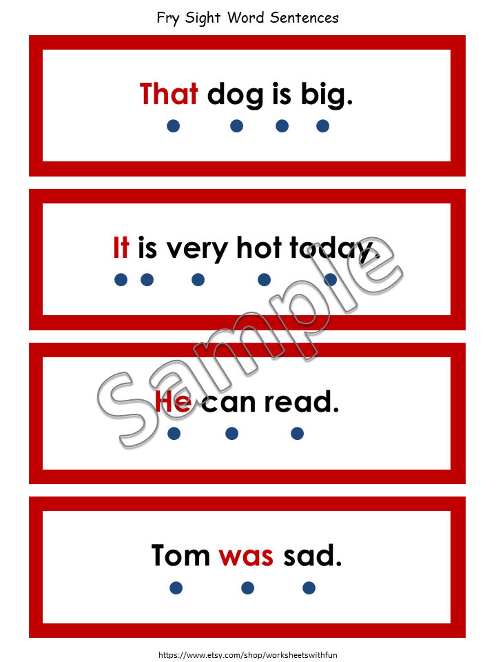 Fry Sight Words Sentence Strips: Kindergarten Reading (PDF Pattern) - Etsy