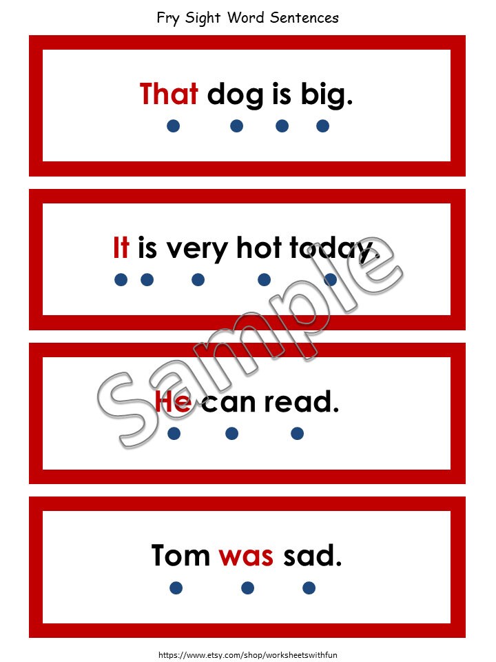 Fry Sight Words Sentence Strips: Kindergarten Reading (PDF Pattern) - Etsy