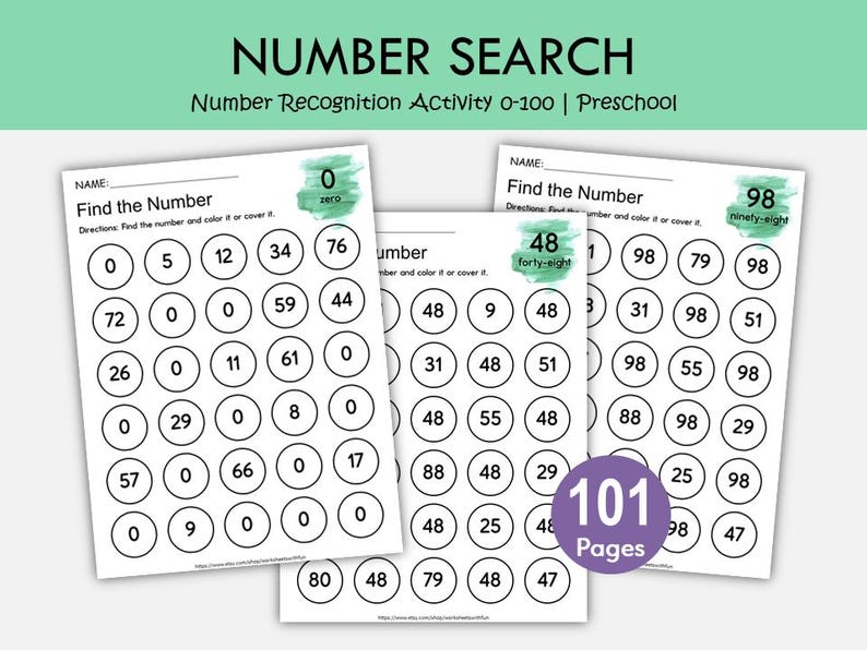 Find & Color Target Numbers Worksheets 0-100 | Number Recognition ...
