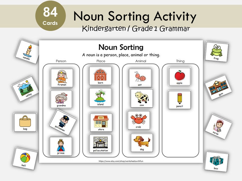 Noun Sorting, Nouns Flashcards, Matching and Grouping Activity, Noun ...