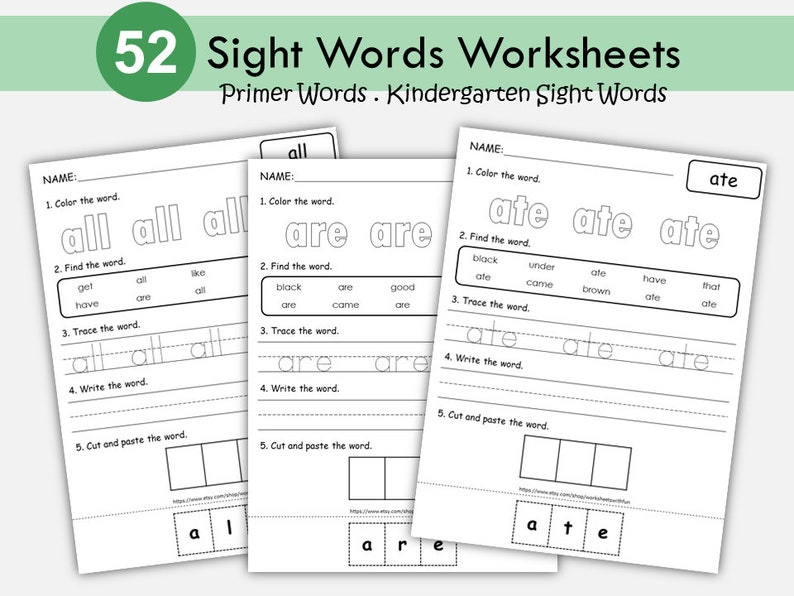 Dolch Sight Word Worksheets: Kindergarten Reading, Writing, Cut & Paste ...