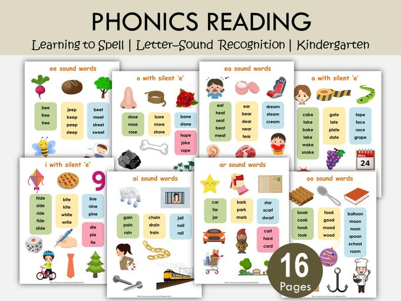 Phonics Reading Worksheets Printable | 16 Picture Phonics Sheets for ...