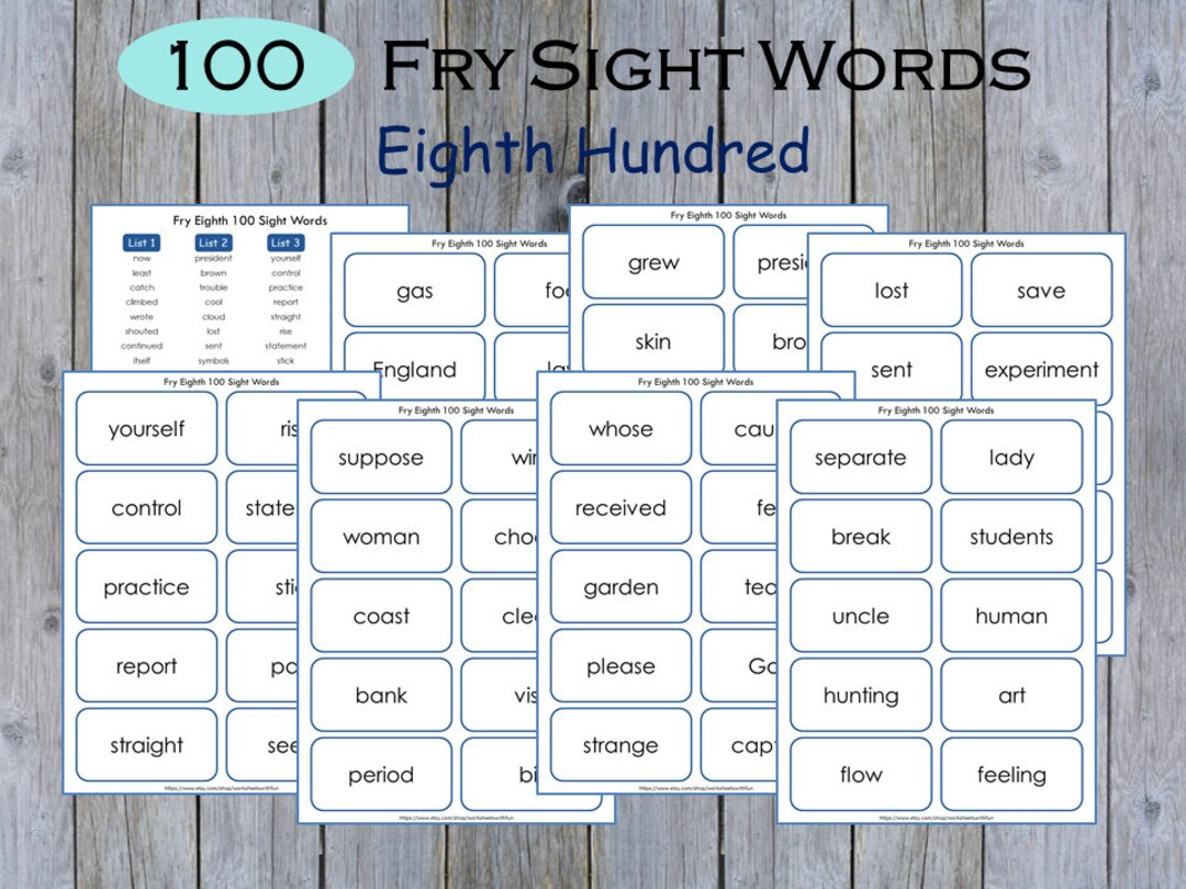 Sight Words Flashcards for Kindergarten, 100 Printable Fry Eighth ...