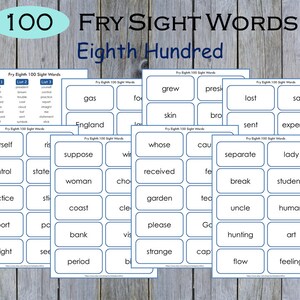Sight Words Flashcards for Kindergarten, 100 Printable Fry Eighth ...