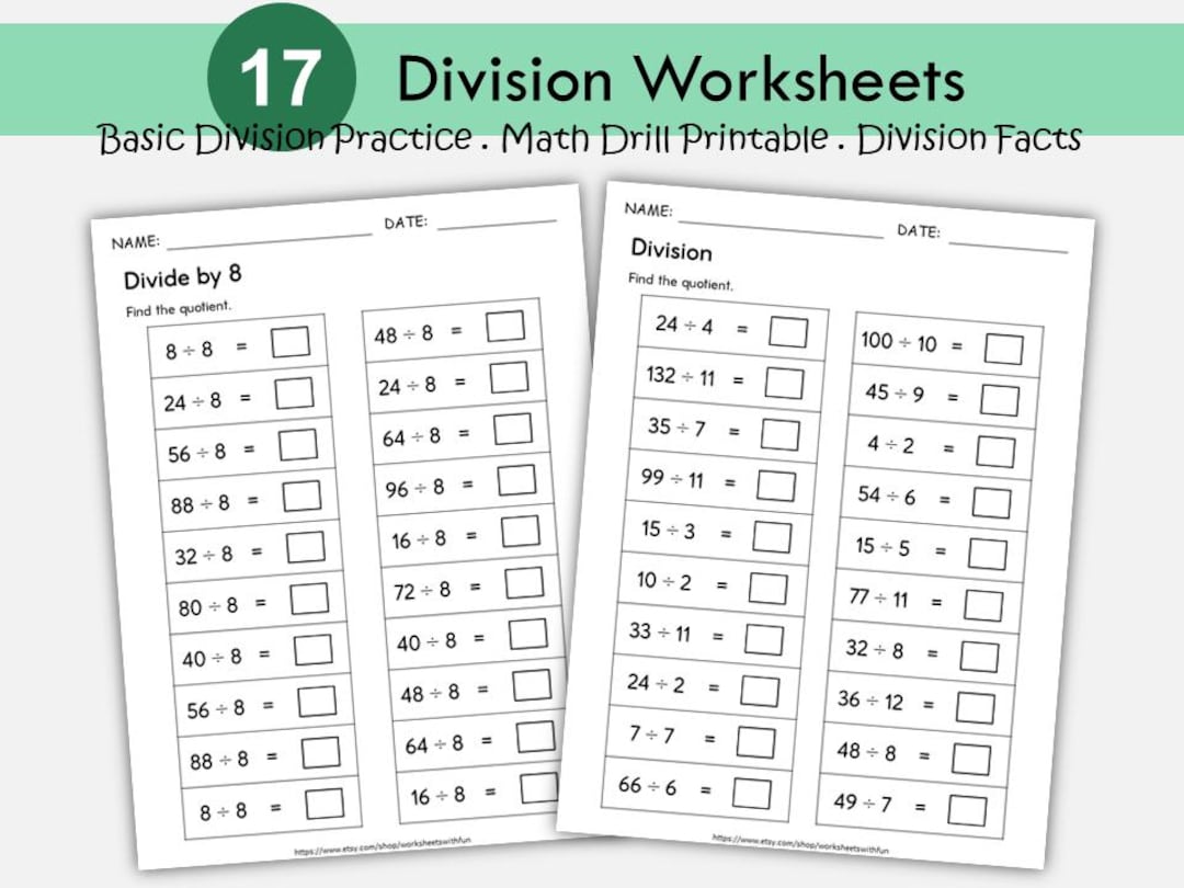 Division Math Drill Worksheets Printable | Fast Facts Practice for Kids ...