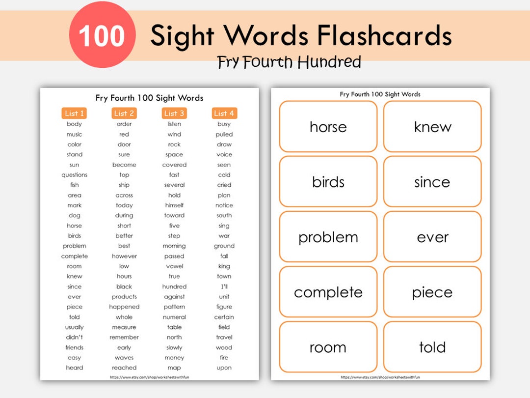 Fry Fourth Hundred Sight Words Flashcards: Grades 1-2 (printable) - Etsy