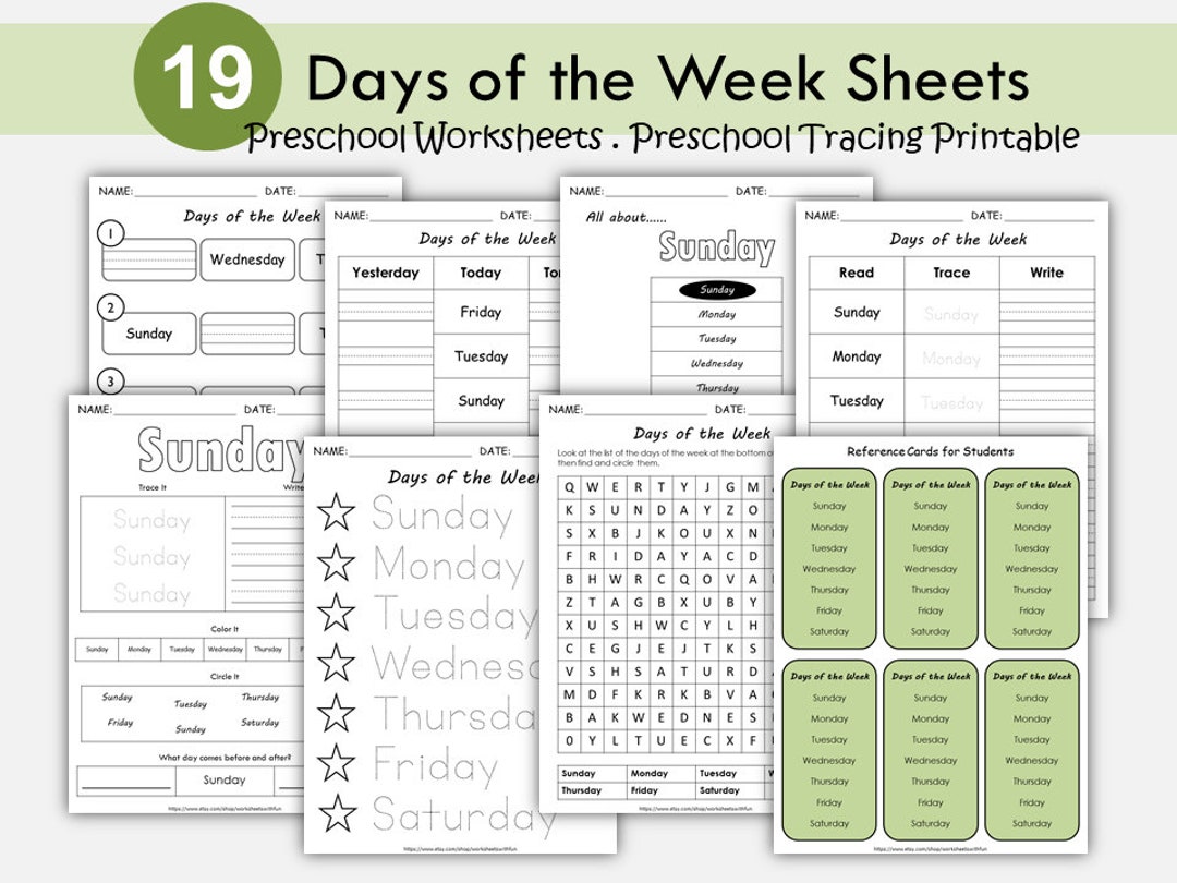 Days of the Week Worksheets: Preschool Learning Pack (PDF Download) - Etsy