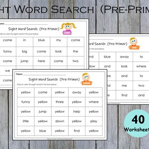 Sight Words Worksheets Dolch Pre Primer, 40 Sight Word Search Printable ...