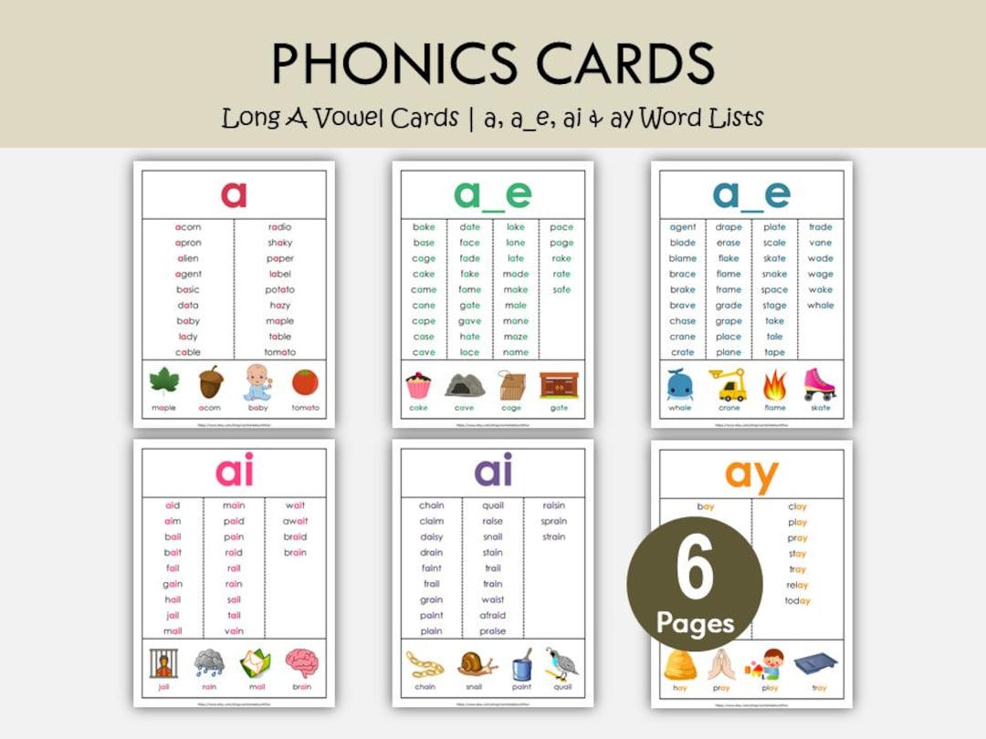 Long A Vowel Phonics Cards Printable, Magic E Ai Ay Word Lists, Long ...