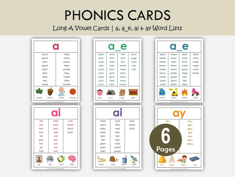 Long A Vowel Phonics Cards Printable, Magic E Ai Ay Word Lists, Long ...