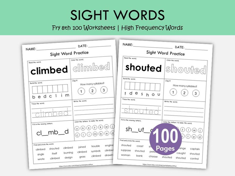 Fry Sight Words Worksheets 701-800 | 8th Hundred Sight Words | High ...