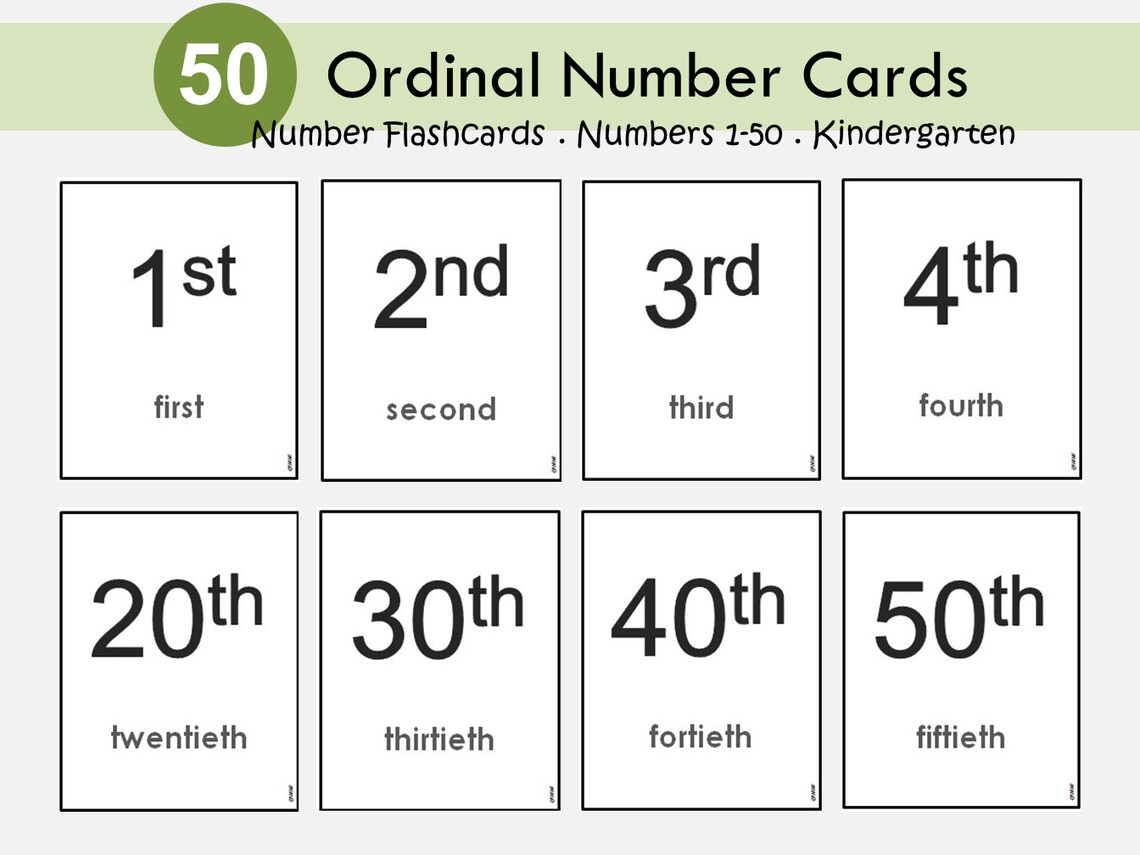 Ordinal Numbers 1-50 Flashcards: Kindergarten Learning (PDF Printable ...