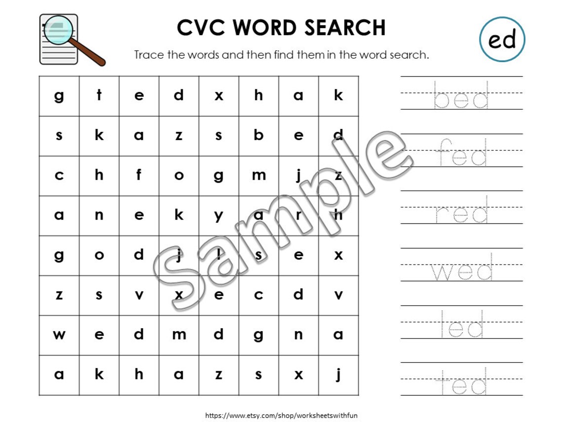CVC Word Search Worksheets Printable, Trace & Find CVC Words, Phonics ...