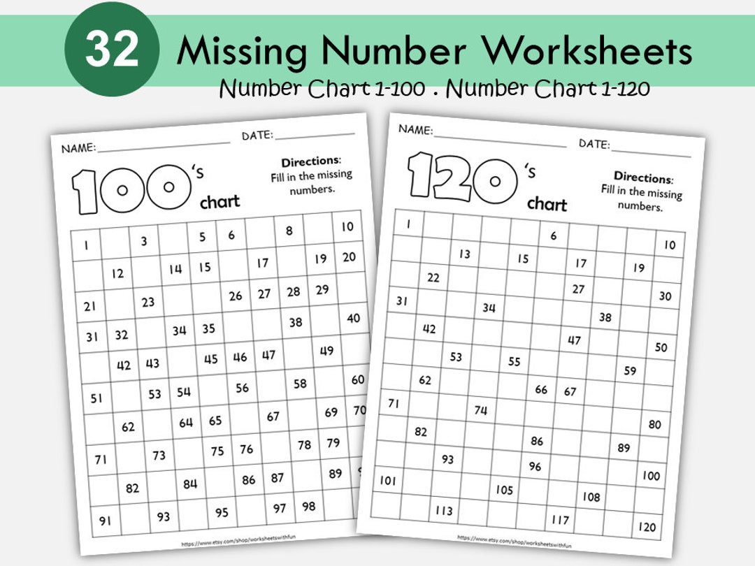 Missing Numbers Worksheets 100 Chart & 120 Chart Printable, Fill in ...