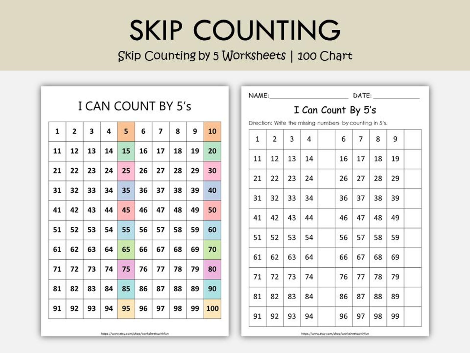 Skip Counting by 2, 5, 10 Worksheets | 100 Chart Printable Math ...