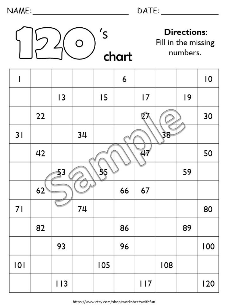 Missing Numbers 1-100 & 1-120 Worksheets Printable Counting - Etsy