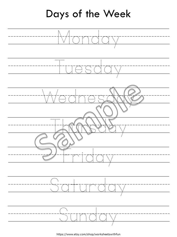 Days of the Week Tracing Worksheets: Preschool Printable (PDF) - Etsy