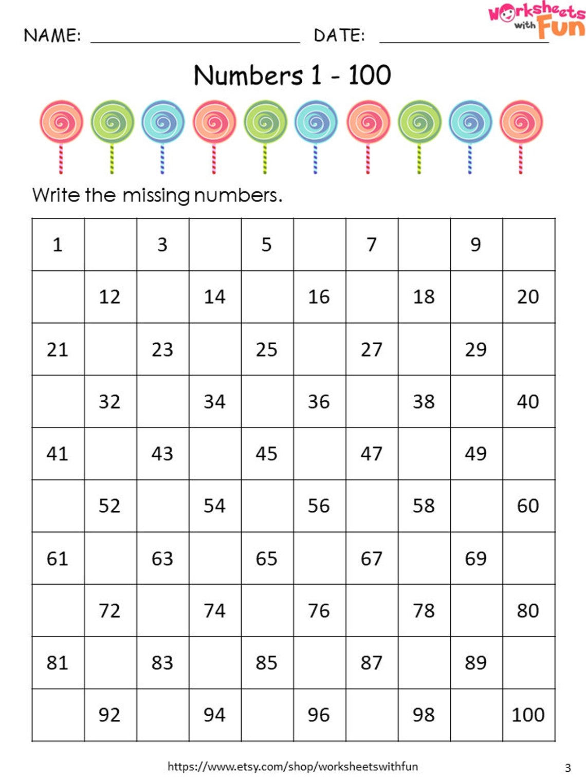 Missing Numbers Printable 1 100 Preschool Worksheets Etsy
