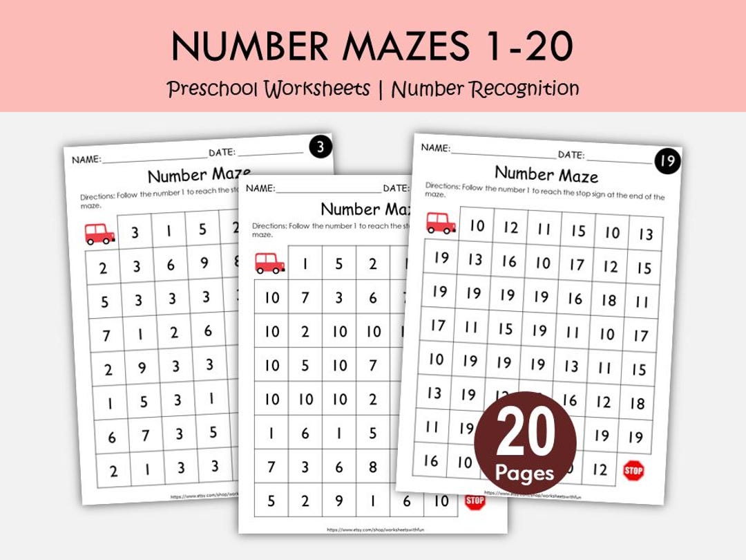 Number Mazes Worksheets 1–20 Printable | Preschool Number Recognition ...