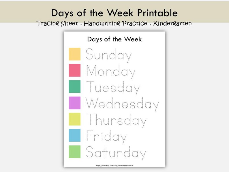 Days of the Week Tracing Worksheet Printable | Preschool & Kindergarten ...