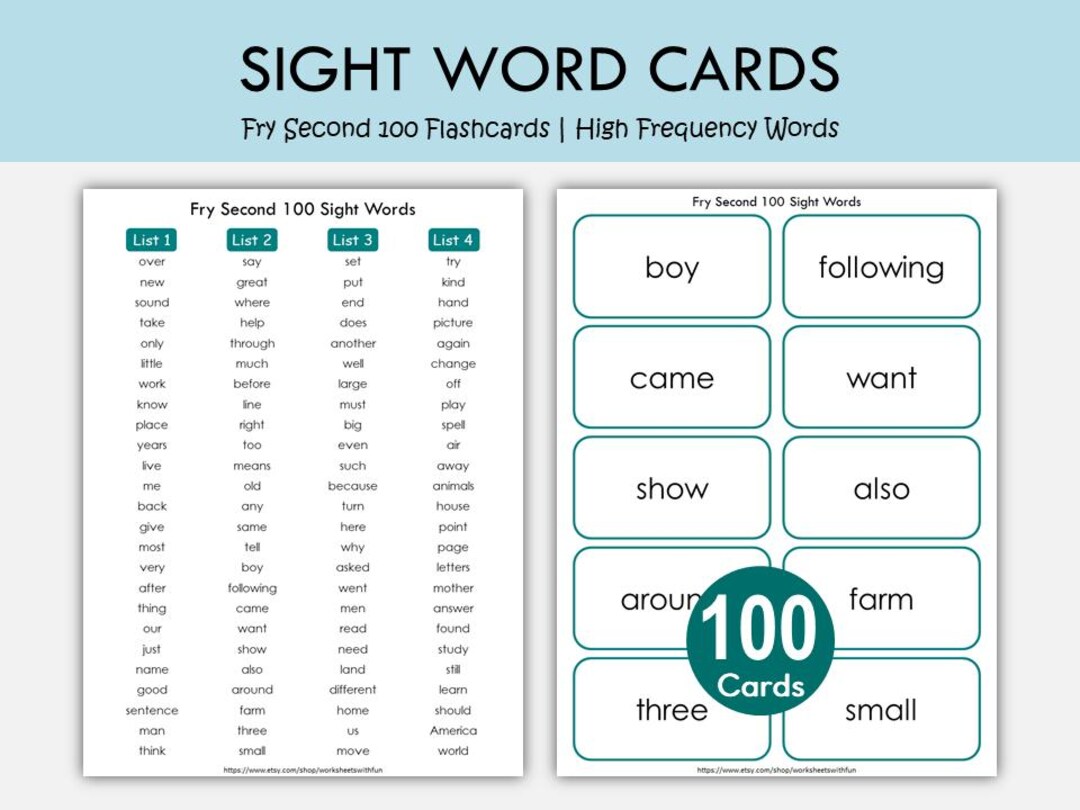 Fry Second 100 Sight Word Flashcards Printable PDF, Sight Words 101-200 ...