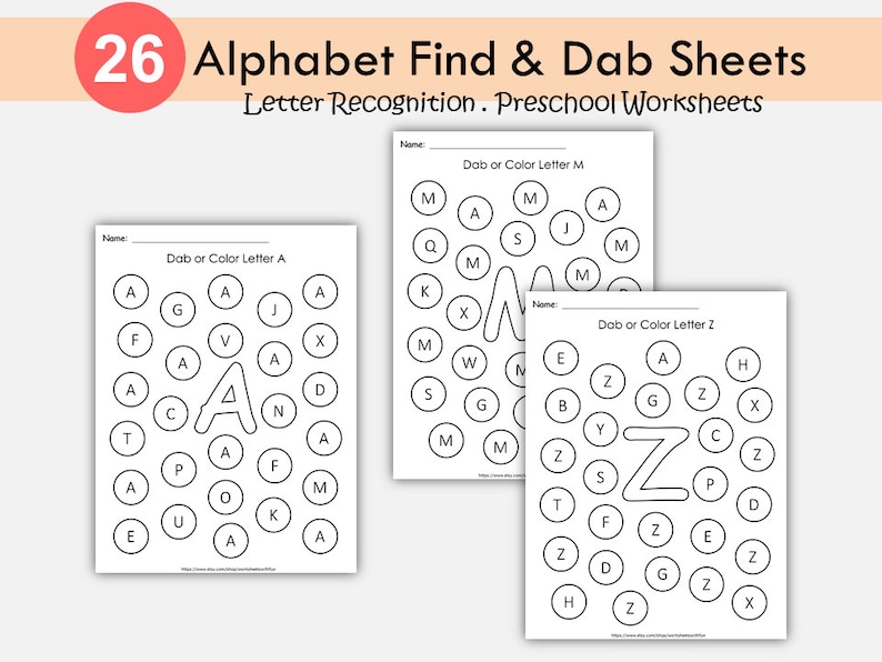 Alphabet Find and Dab Worksheets: Letter Recognition A-Z (PDF Download ...