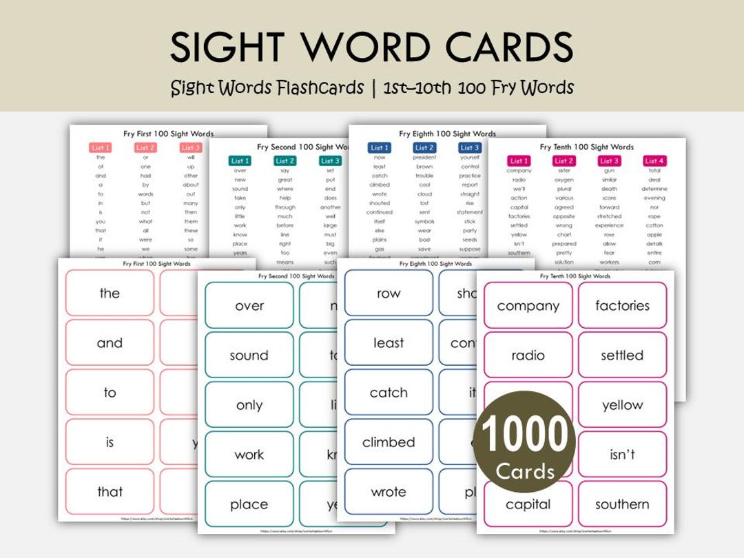 1000 Fry Sight Words Flashcards Printable, High Frequency Word Cards ...