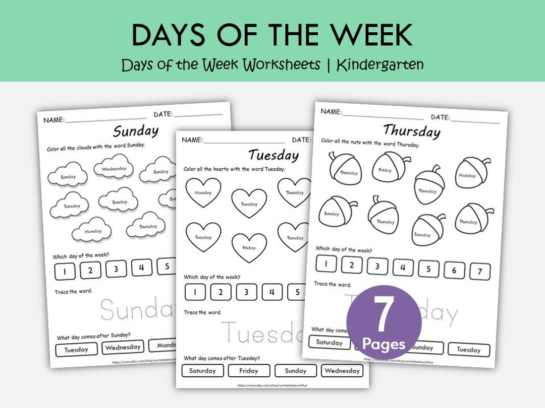 Days of the Week Worksheets, Kindergarten Tracing Activities (digital ...