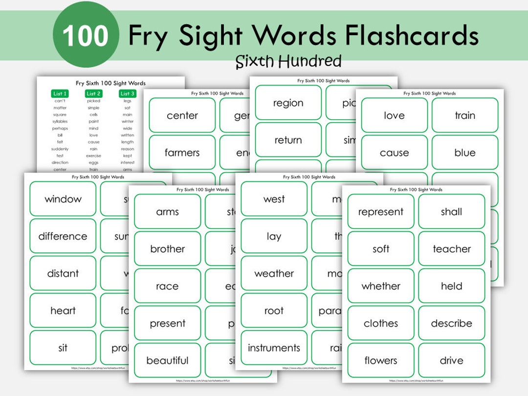 Fry's Sixth 100 Sight Words Flashcards: Printable Reading (PDF) - Etsy