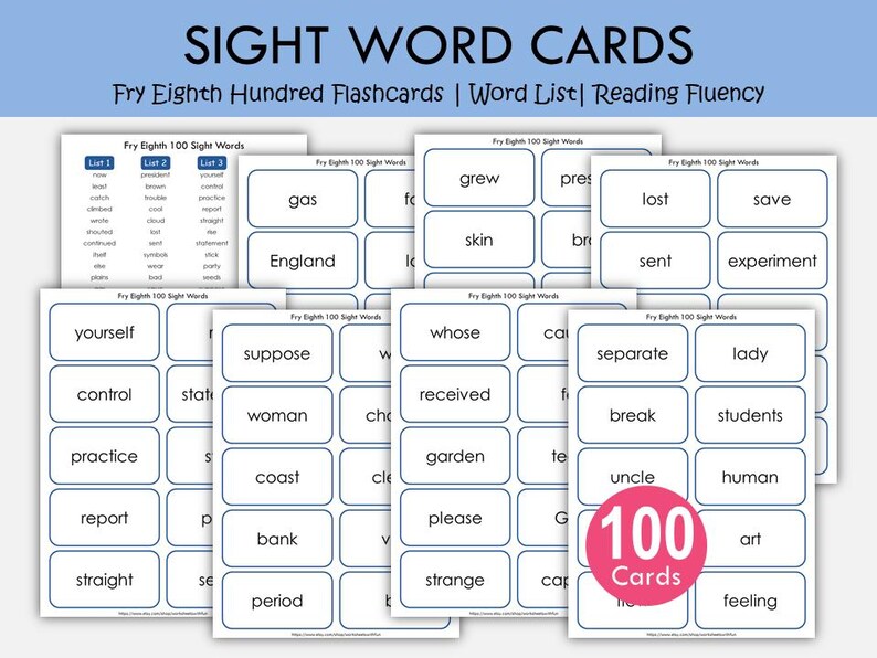 Fry Eighth 100 Sight Words Printable Flashcards & Word List | Reading ...