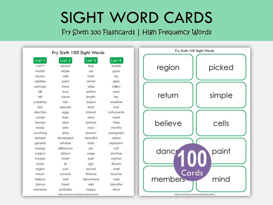 Fry Sixth Hundred Sight Words Flashcards Printable PDF, 100 High ...