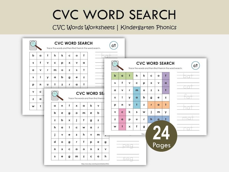 CVC Word Search Worksheets Printable, Trace & Find CVC Words, Phonics ...