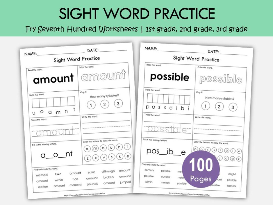Fry Seventh Hundred Sight Words Worksheets | Reading Fluency Practice ...