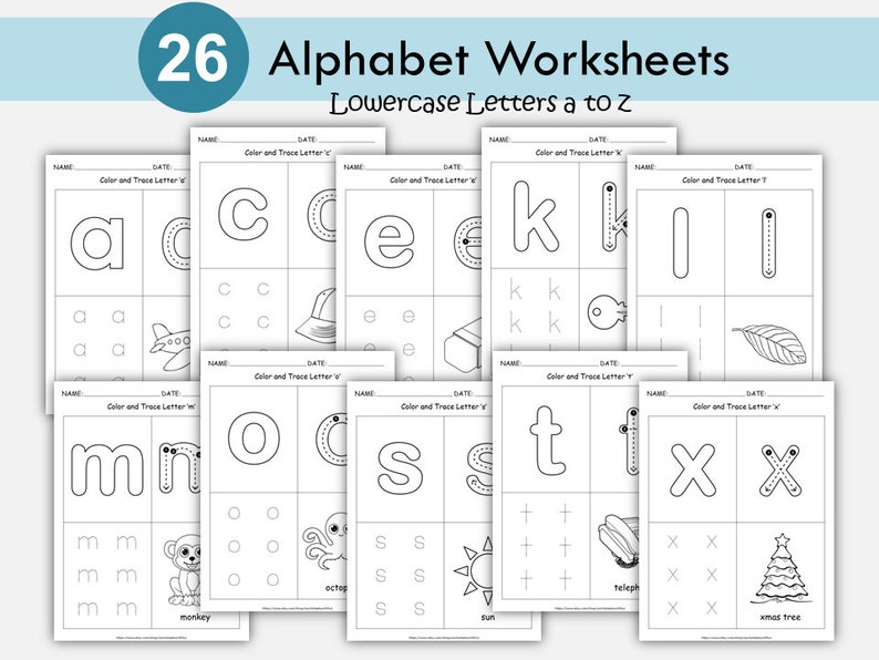 Lowercase Alphabet Worksheets: A-Z Trace, Build, Write (PDF Printable ...