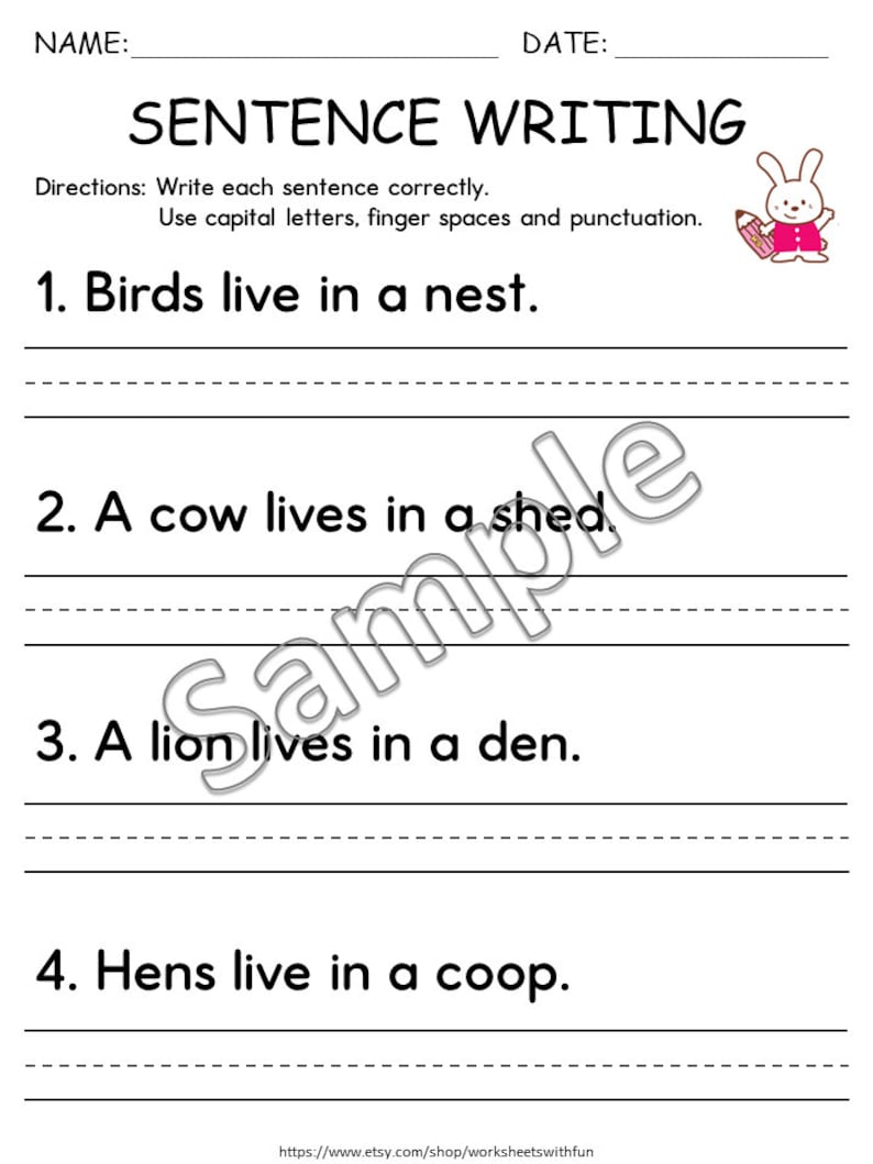 Sentence Writing Worksheets for Kindergarten | Capital Letters Spacing ...