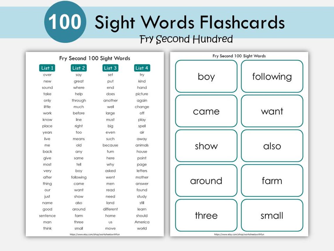 Fry Second 100 Sight Word Flashcards Printable PDF, Sight Words 101-200 ...