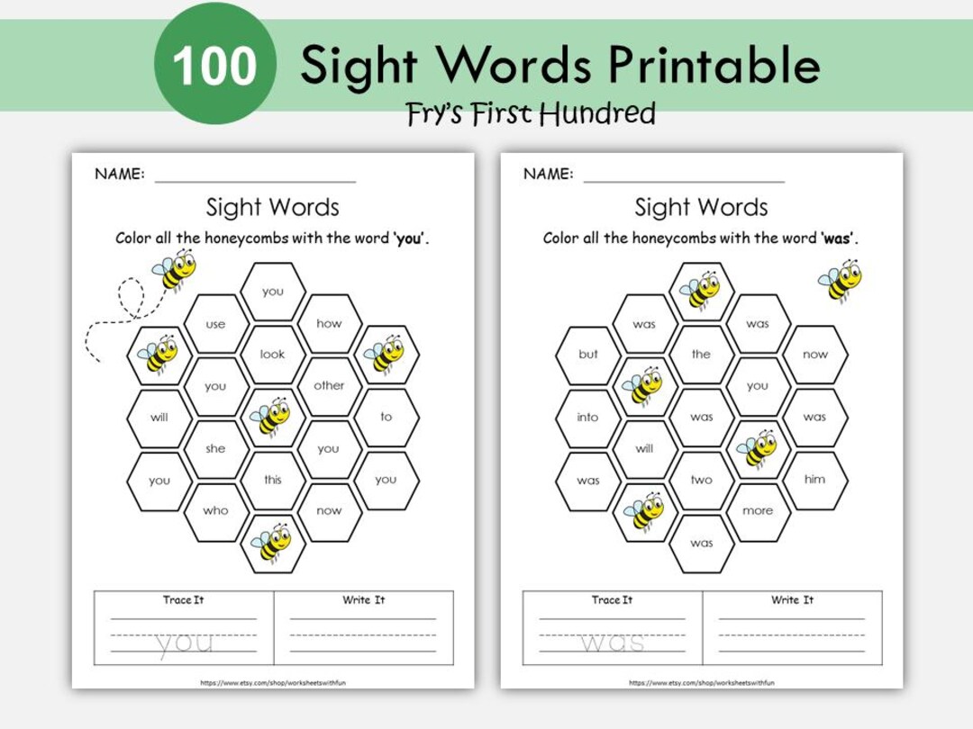 Sight Words Worksheets Printable for Kindergarten, Fry First 100 Sight ...