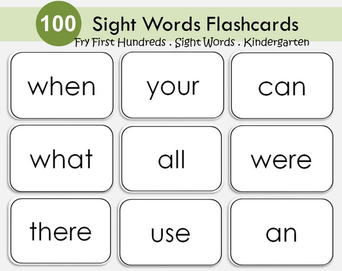 100 Sight Words, Printable Fry's First 100 Sight Word Flashcards, Pre ...