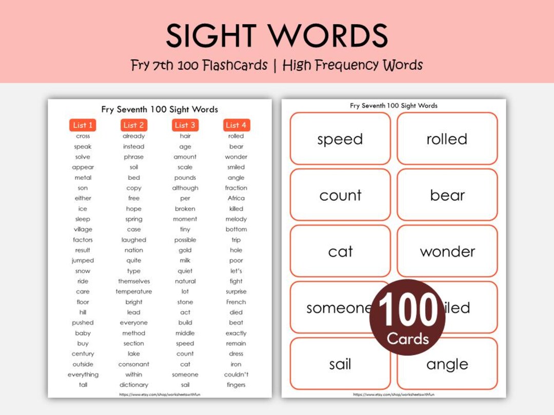 Fry 7th 100 Sight Words Flashcards Printable, High Frequency Word Cards ...