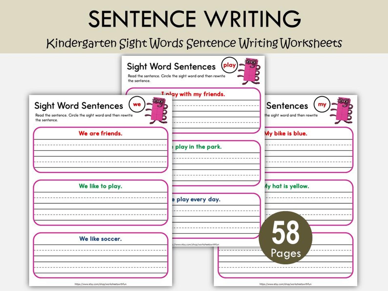 Sight Word Sentence Writing Worksheets: Kindergarten Reading Practice ...