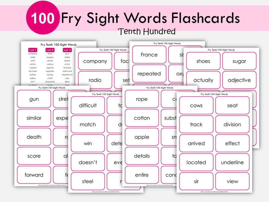 Sight Words Flashcards, 100 Printable Fry Tenth Hundred Word Cards ...