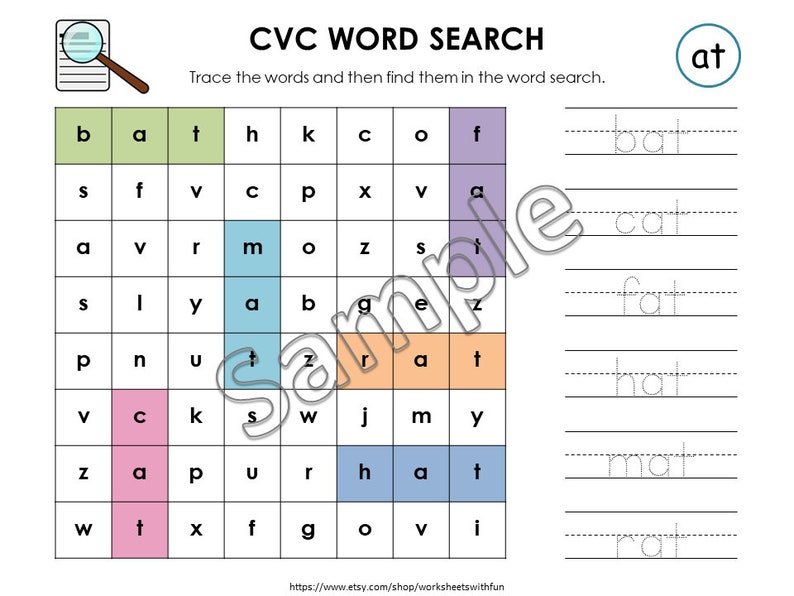 CVC Word Search Worksheets Printable, Trace & Find CVC Words, Phonics ...