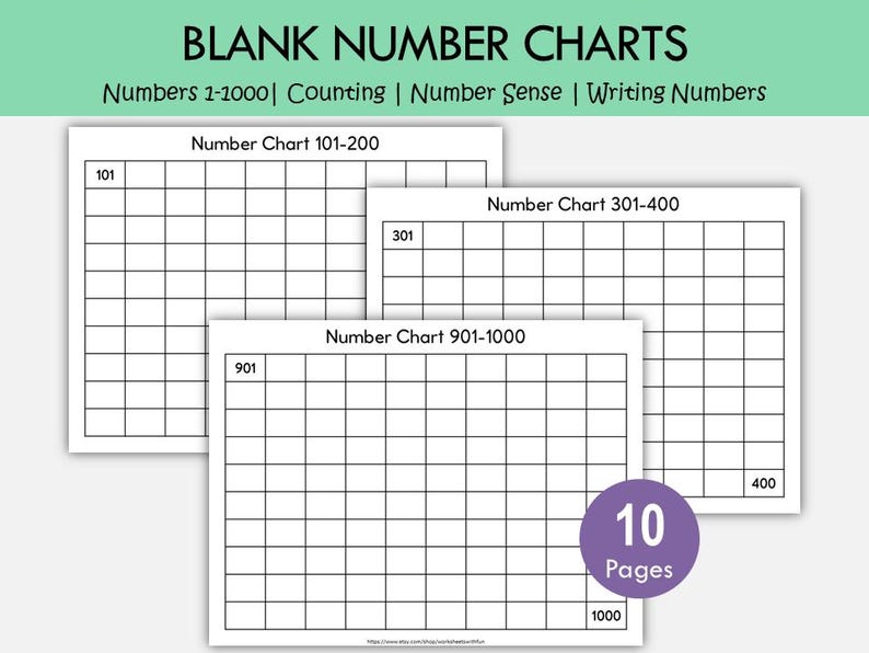 Number Charts 1–1000 Printable | Counting and Number Writing Worksheets ...