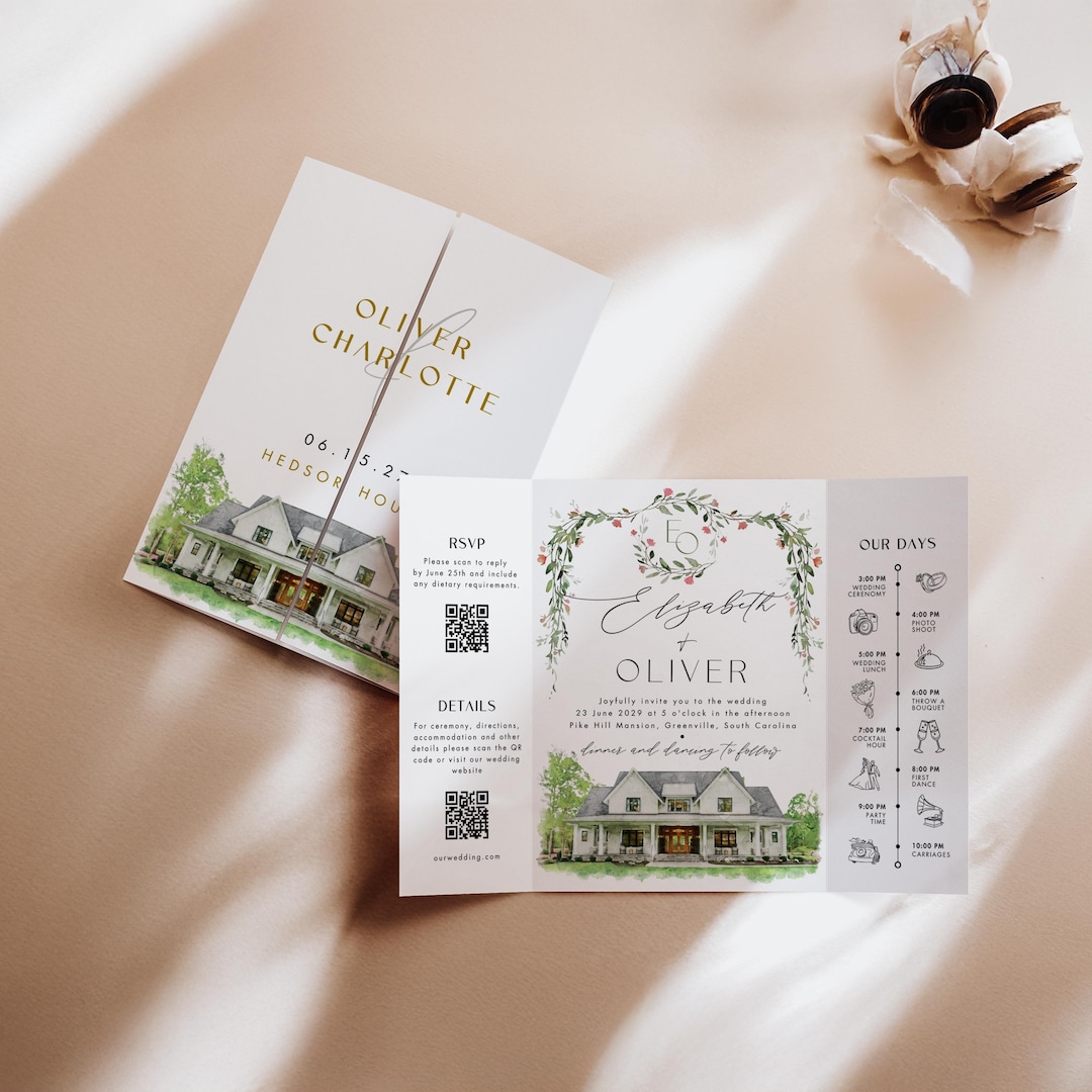 Modern Watercolor Venue Wedding Invitation, Gatefold Canva Template ...