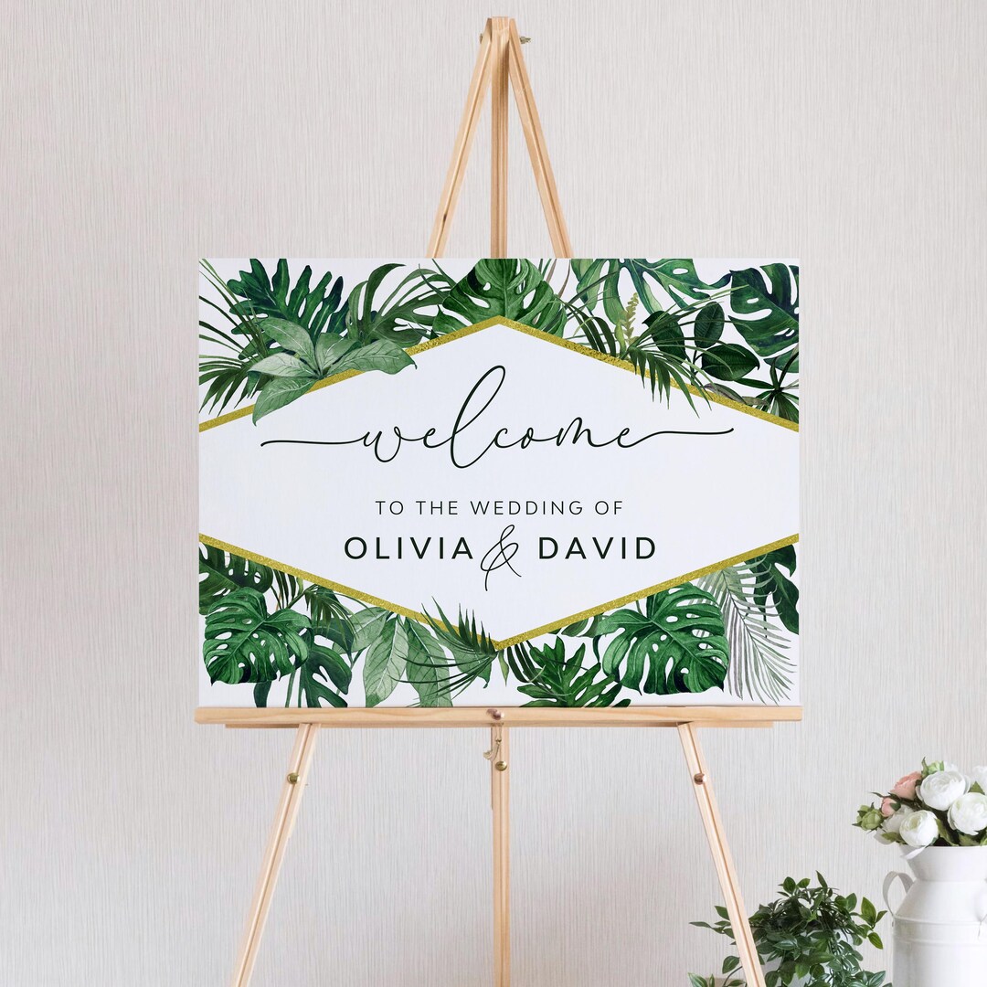 Tropical Wedding Welcome Sign | Greenery Palm Leaves (printable Canva ...